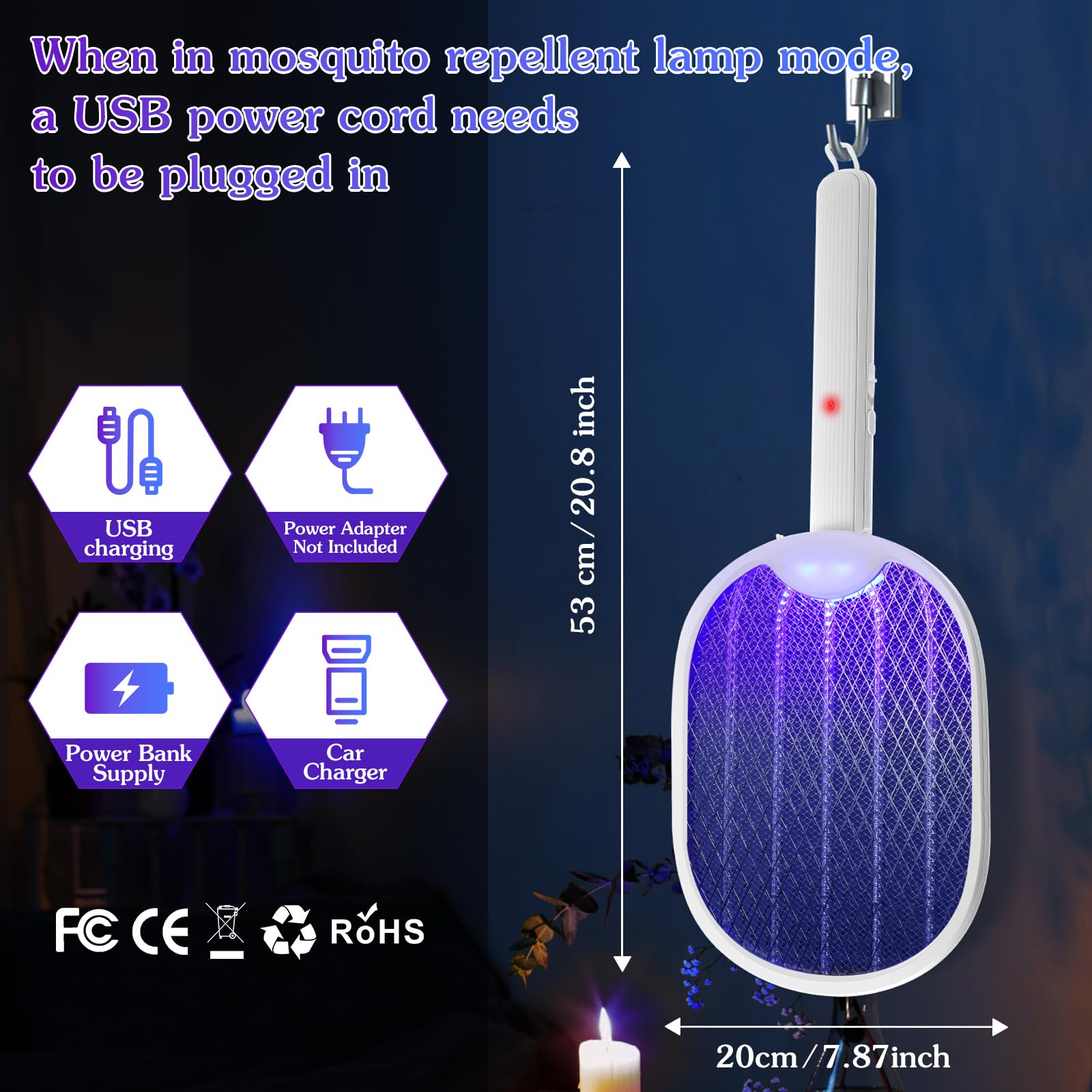 Qualirey 2 Pack 3 in 1 Electric Fly Swatter Foldable 3000V Handheld Mosquito Zapper with USB Rechargeable Base Bug Zapper Racket Fly Killer and Mosquito Trap Lamp Hanging Standing for Indoor Outdoor