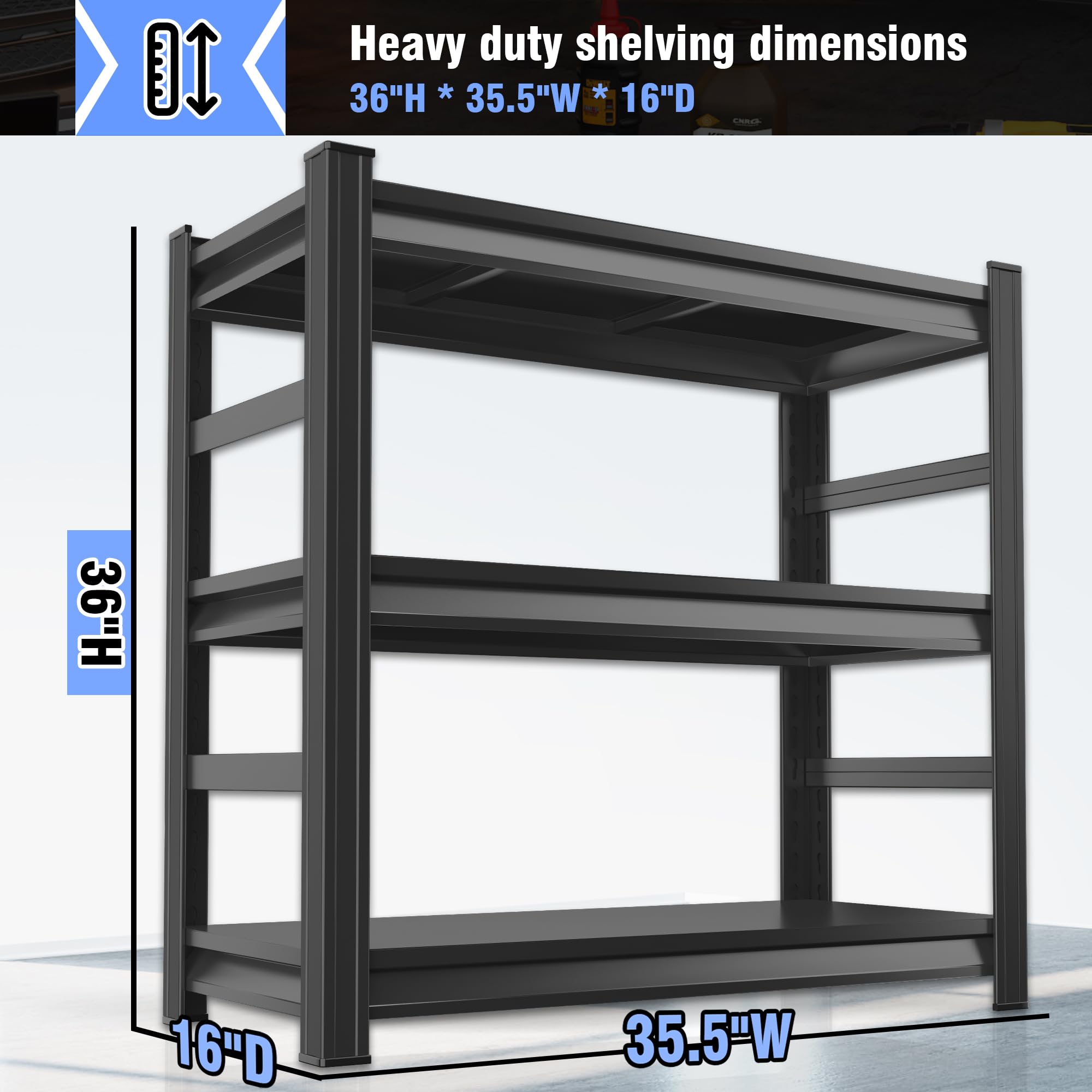 36 "H Heavy Duty Adjustable 3-Tier Metal Shelving|Garage Shelving with 1000 lbs. Load Capacity|Easy-to-Assemble Shelving|36 "H*35.5 "W*15.8 "D, Rustproof, Suitable for Bathrooms, Basements