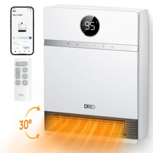 dreo smart wall heater, ip24 electric ptc space heater for indoor use, 30° oscillation, adjustable thermostat, remote control, works with alexa, 24h timer, easy-mounted heater for bedroom, office