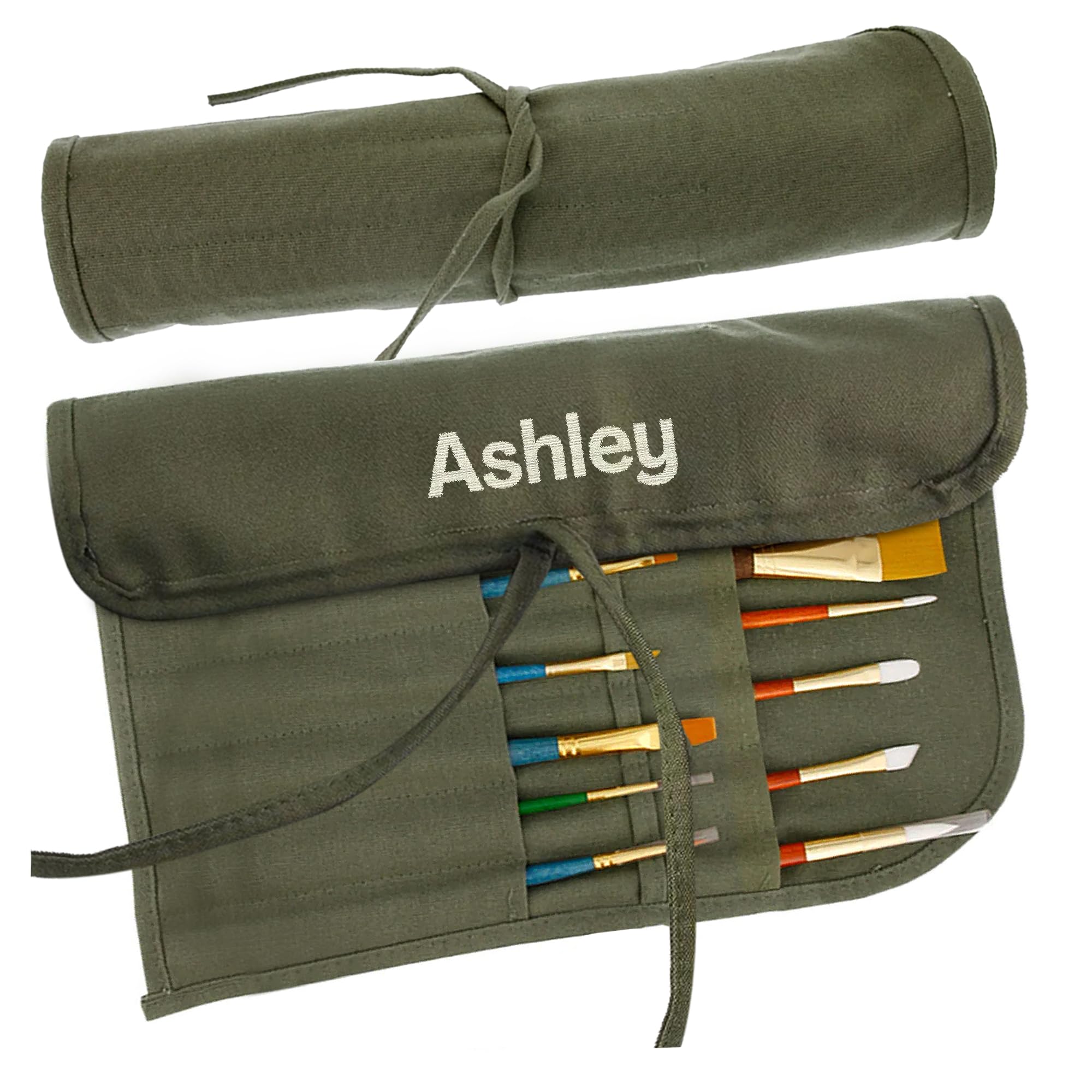 Personalized Paint Brush Holder for Artist, Customized Canvas Paint Brush with Name, Paint Brush Holders & Organizers for Acrylic Oil Watercolor Paint Brush Roll Pouch Holds 100 Brushes- Army Green