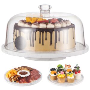 cherhome marble cake stand，rotating cake stand with dome，marble cake stand with acrylic lid cover，turnable cake display stand revolving cake plate cake holder spinning cake platter with cover