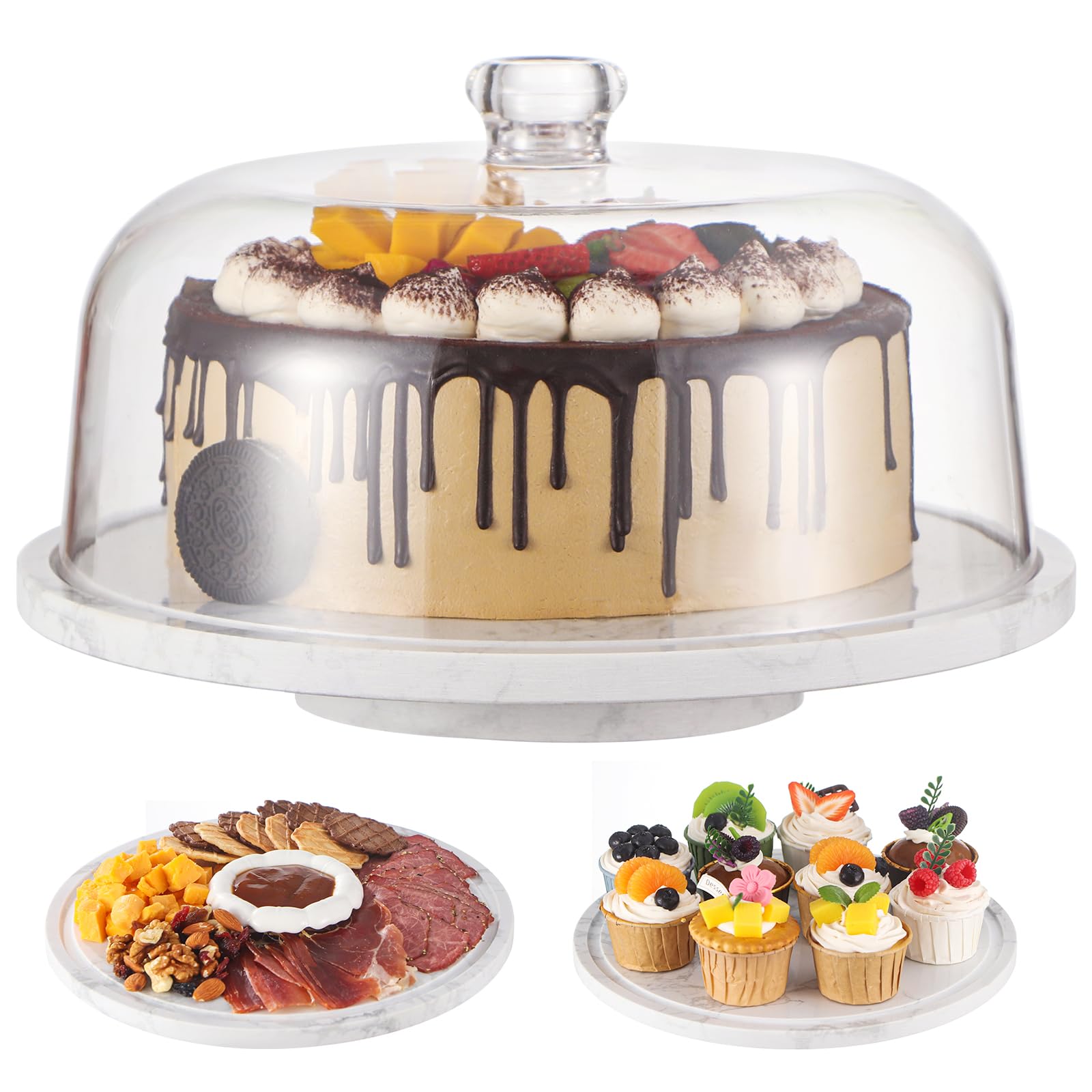 CherHome Marble Cake Stand，Rotating Cake Stand With Dome，Marble Cake Stand with Acrylic Lid Cover，Turnable Cake Display Stand Revolving Cake Plate Cake Holder Spinning Cake Platter with Cover