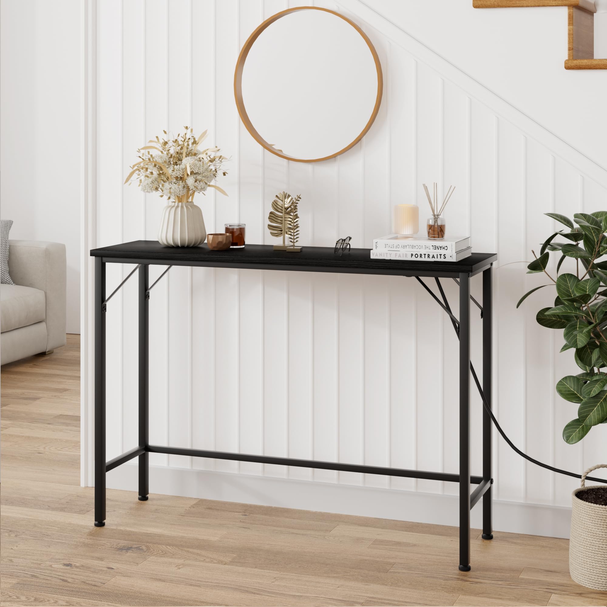 GAOMON 9.1" Narrow Console Table with Outlets, Sofa Table Behind Couch Table for Living Room, Entryway Table with Metal & MDF, Industrial Hallway Table for Entryway, Foyer-Black