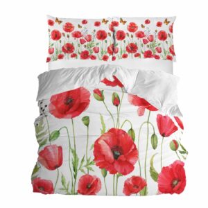 3 pieces bedding duvet cover sets queen, vintage poppy flower red collections bedding duvets quilt covers sets with 2 pillowcases, bedspread for children/teens/adults, watercolor style