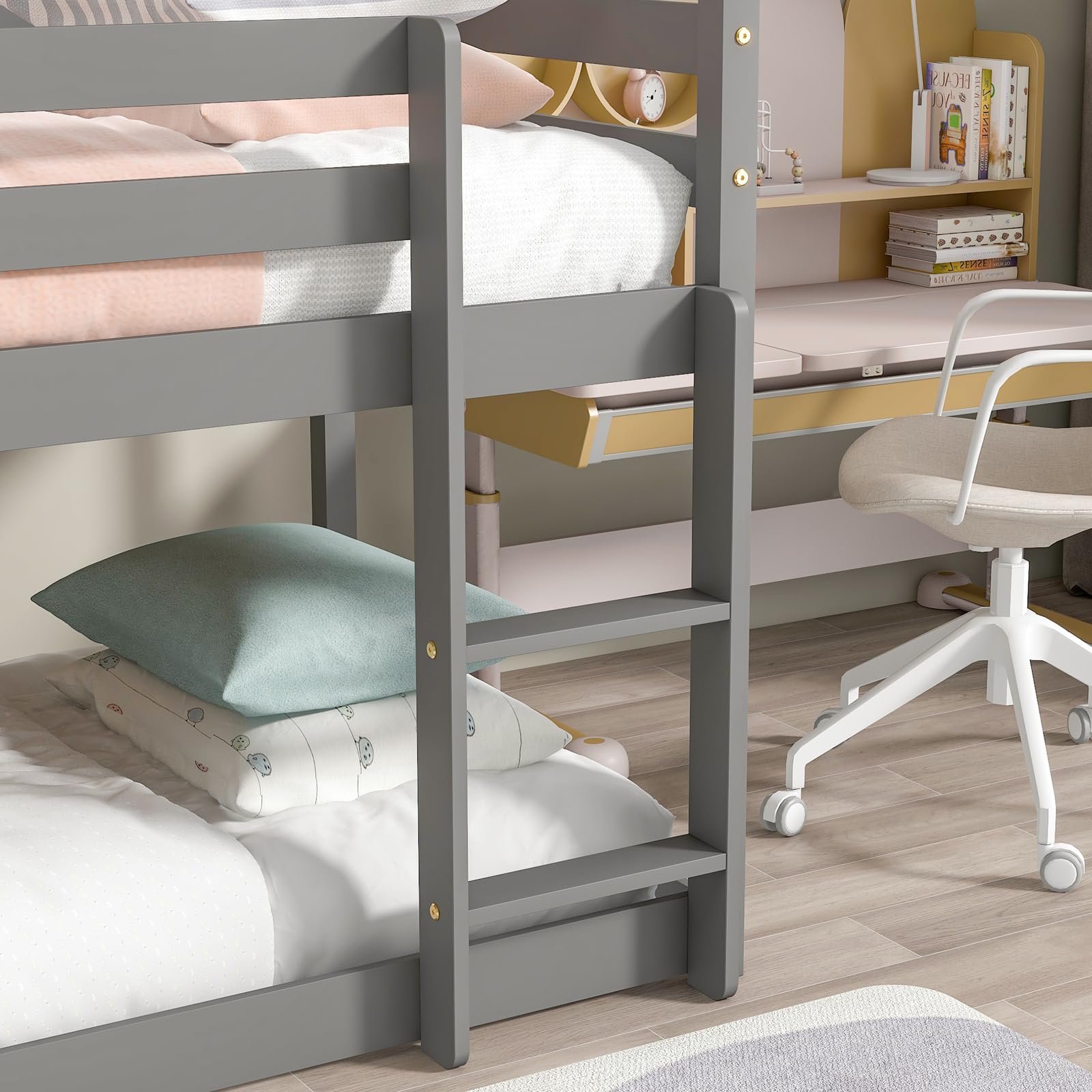 AnwickNomo Twin Over Twin Low Loft Bed, Wood Bunk Bed with House Shape and Full-Length Guardrail, Kids Bed for Boys Girls and Teens, Space-Saving, Solid Wood Frame, No Box Spring Needed (Grey)