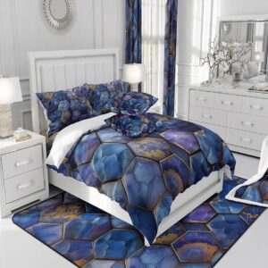 Honeycomb Marble Duvet Cover Set Queen Size,Geometric Hexagon Bedding Set Kids Teens Adults Room Decor,Blue Purple Comforter Cover 3Pcs,Glitter Honeycomb Bedspreads Cover,2 Pillowcases(NO Comforter)