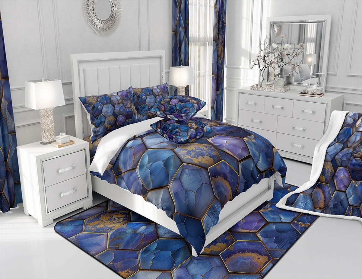 Honeycomb Marble Duvet Cover Set Queen Size,Geometric Hexagon Bedding Set Kids Teens Adults Room Decor,Blue Purple Comforter Cover 3Pcs,Glitter Honeycomb Bedspreads Cover,2 Pillowcases(NO Comforter)