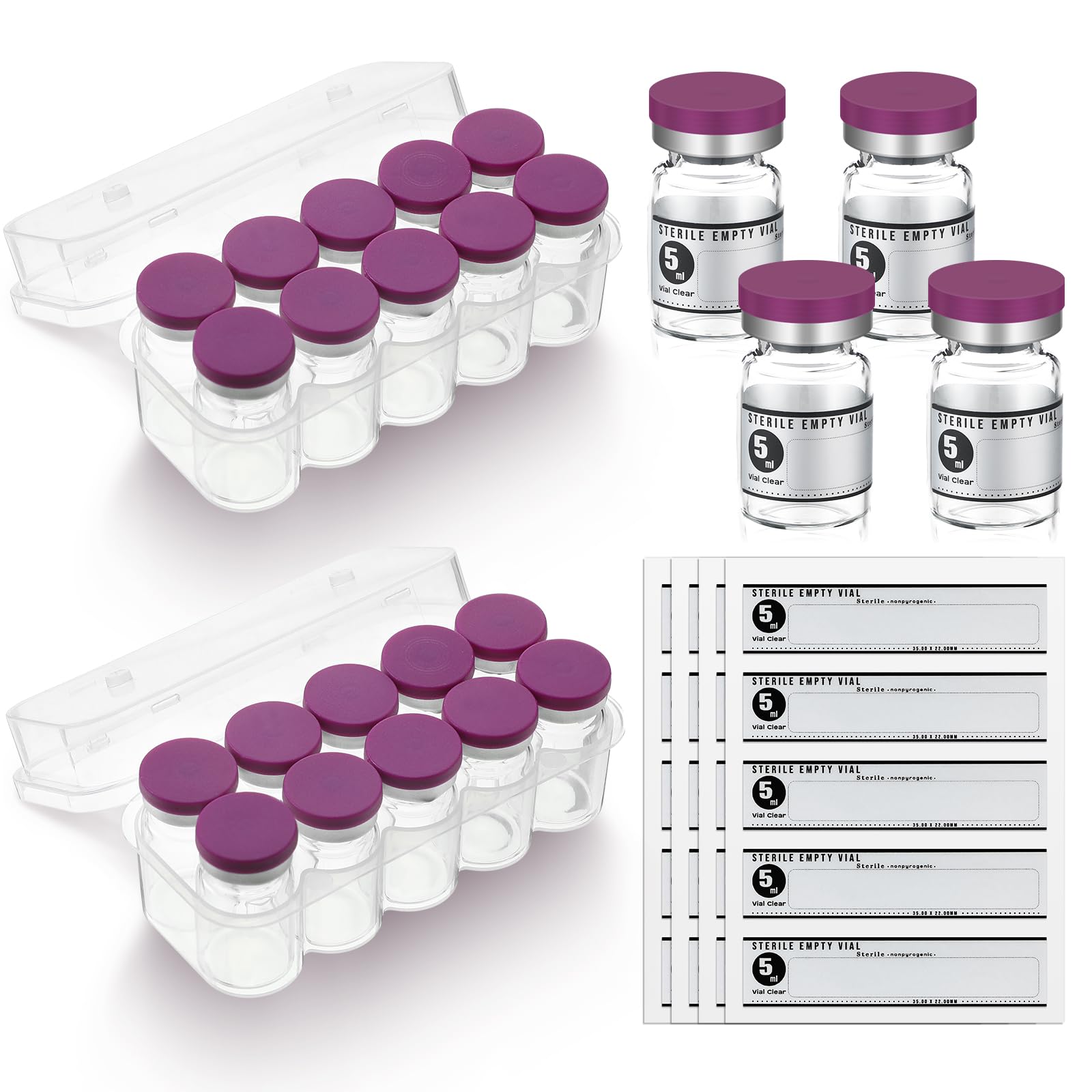 Threlaco 20 Sealed Sterile Empty Vials with Self Healing Injection Port Glass Penicillin Bottle with 20 Label Stickers (Purple,5ml)