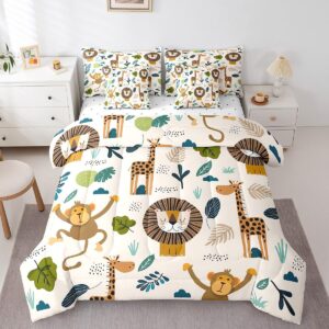 feelyou safari animals 7 piece bedding set twin, cartoon lion giraffe comforter set with sheets cute monkey bed in a bag for kids nature wildlife bed set