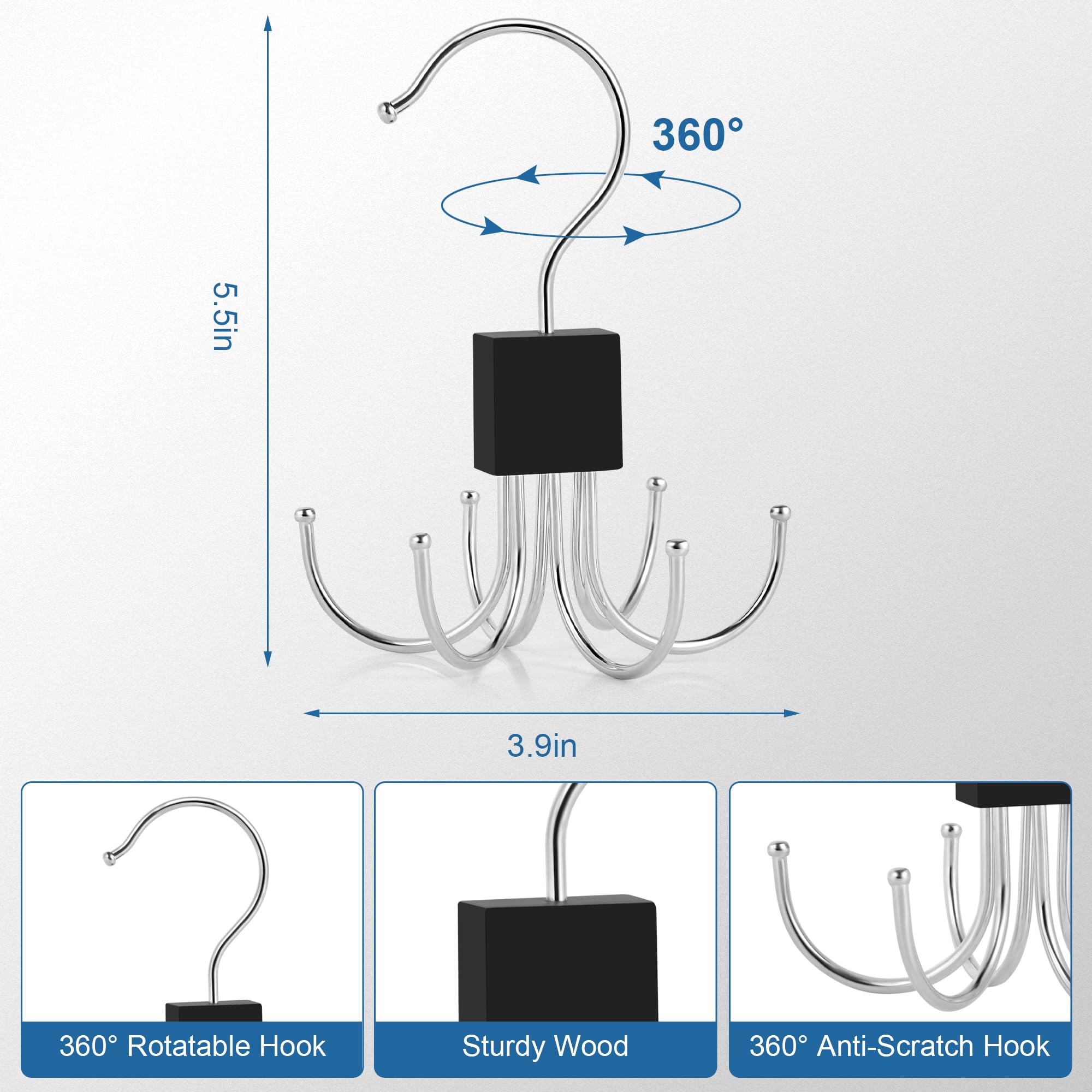 2PCS Selumie Belt Organizer Hanger, Belt Hanger for up to 48 Belts, Sturdy Wooden Belt Hanger, 360° Swivel Closet Belt Organizer, Space Saving Belt, Vest, Scarf Organizer, Closet Accessory