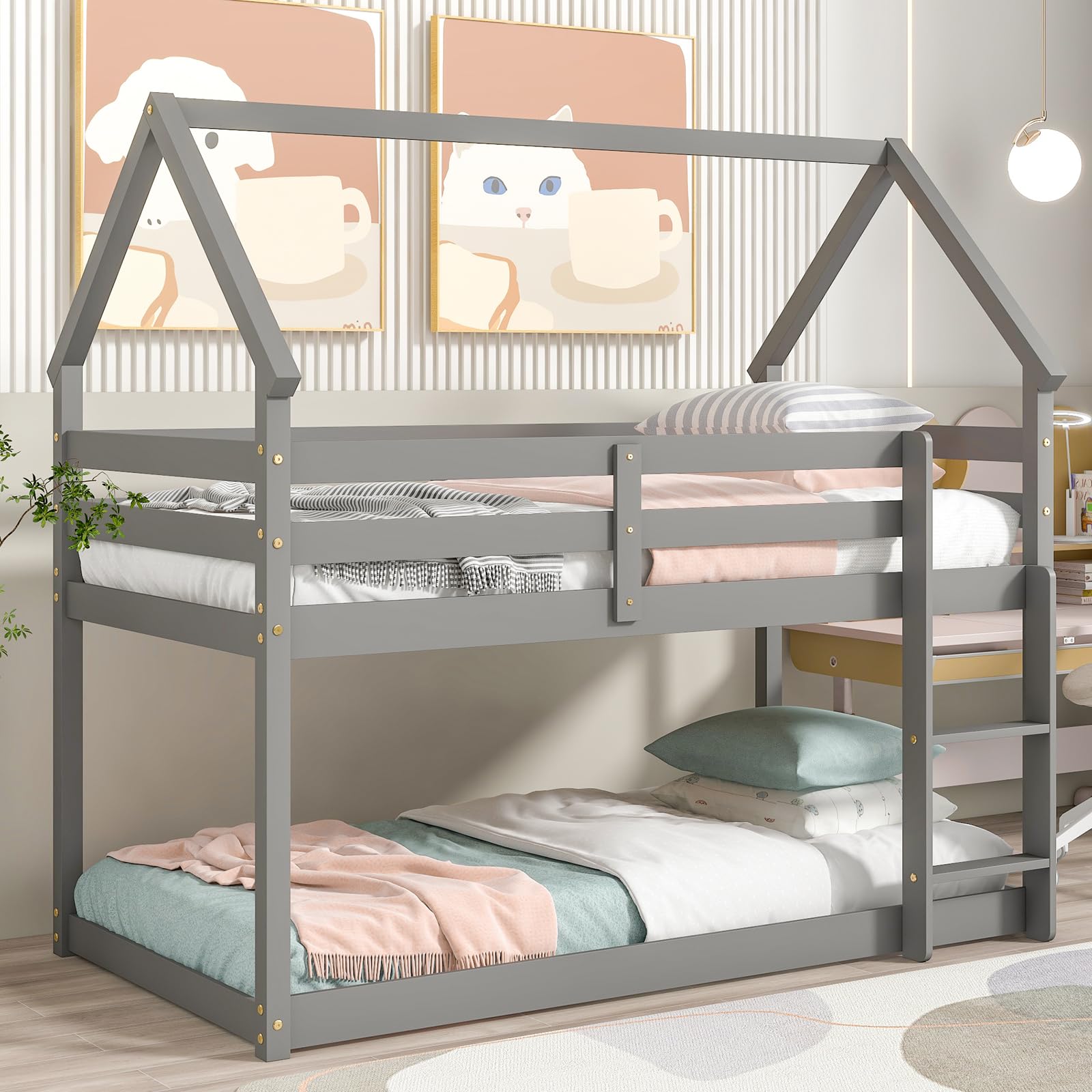 AnwickNomo Twin Over Twin Low Loft Bed, Wood Bunk Bed with House Shape and Full-Length Guardrail, Kids Bed for Boys Girls and Teens, Space-Saving, Solid Wood Frame, No Box Spring Needed (Grey)