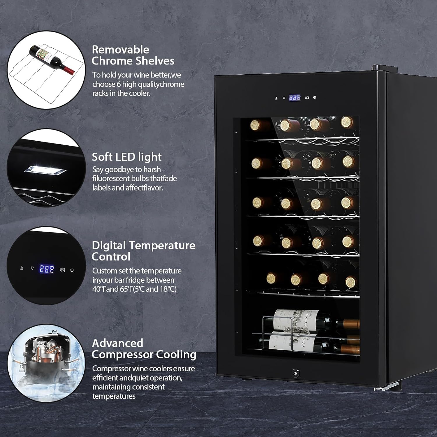 28 Bottle Compressor Wine Cooler Refrigerator w/Lock, Compact Wine Cellar For Red, White, Champagne or Sparkling Wine, Digital Temperature Control,40f-65f Digital Temperature Control,Soft LED Light