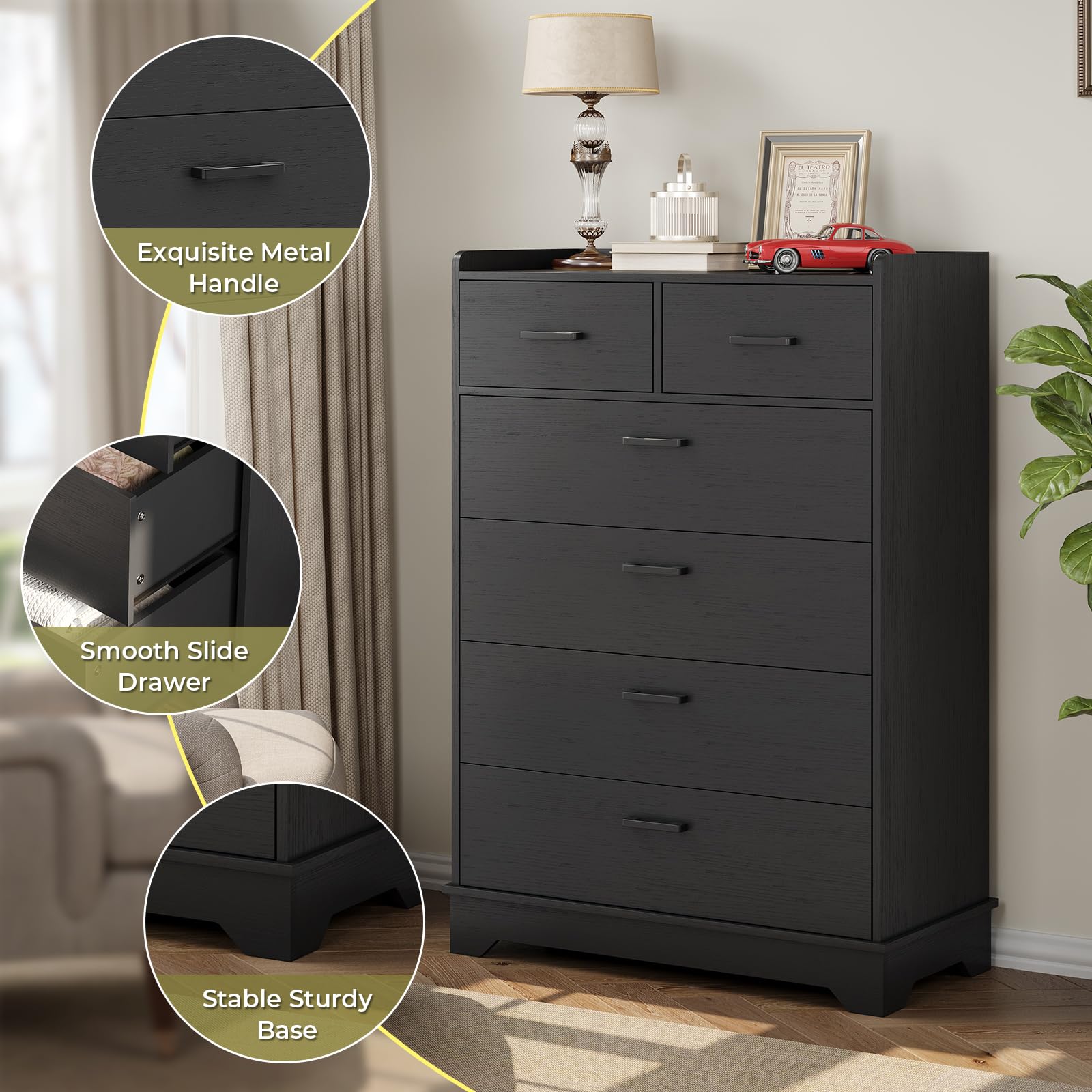 DICTAC Black Drawers Dresser for Bedroom, Modern Chest of 6 Drawers with Classified Storage, Wooden Bedroom Drawer Chest, Vertical Storage Organizer Tower, Tall Black Dresser for Closet, Hallway