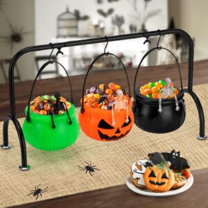 generic witches cauldron serving bowls on rack 3 packs halloween candy servers decor bowl for indoor outdoor halloween party decorations (3 color halloween candy servers), medium