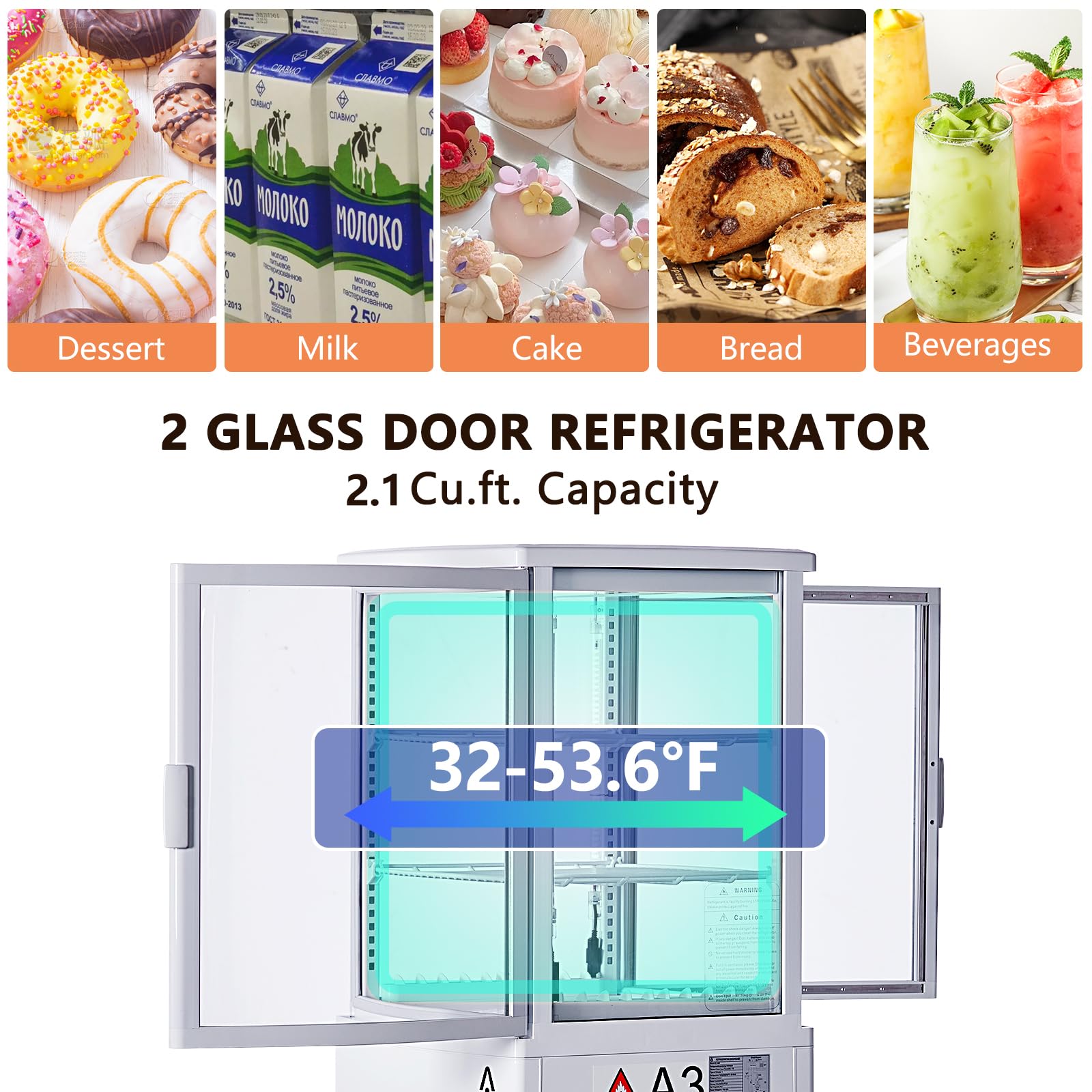 GarveeTech Commercial Refrigerator Display Case 2.1 Cu.FT, Countertop Display Refrigerator, Two Glass Door Display Fridge with LED Lighting, Adjustable Shelves, Double-Layered Glass