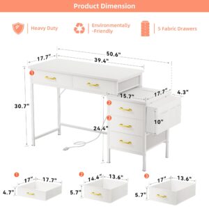 YILQQPER Computer Desk with Charging Station, Home Office Desks with Printer Stand, PC Desk with 5 Fabric Drawers, White Desk with Storage, Vanity Desk for Small Space, White