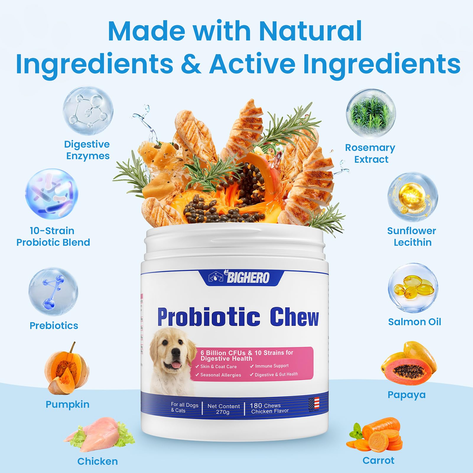 Bighero Probiotics for Dogs - Dog Probiotics for Gut Health & Digestive Health, Support Immune System, Diarrhea & Seasonal Allergies, Dog Supplement with Prebiotics & Digestive Enzymes, 180 Soft Chews