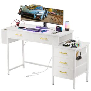 YILQQPER Computer Desk with Charging Station, Home Office Desks with Printer Stand, PC Desk with 5 Fabric Drawers, White Desk with Storage, Vanity Desk for Small Space, White