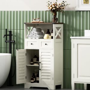 ChooChoo Farmhouse Storage Cabinet, Bathroom Floor Cabinet with Doors and Drawers, Kitchen Pantry Cabinet for Living Room, Laundry, White