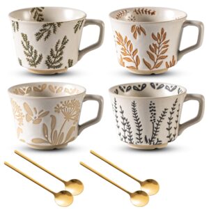 noevany ceramic mugs 11 oz unique luxurious cups set of 4 with premium spoon, mug for coffee milk latte cappuccino tea, for office and home dishwasher microwave freezer safe stoneware mixed