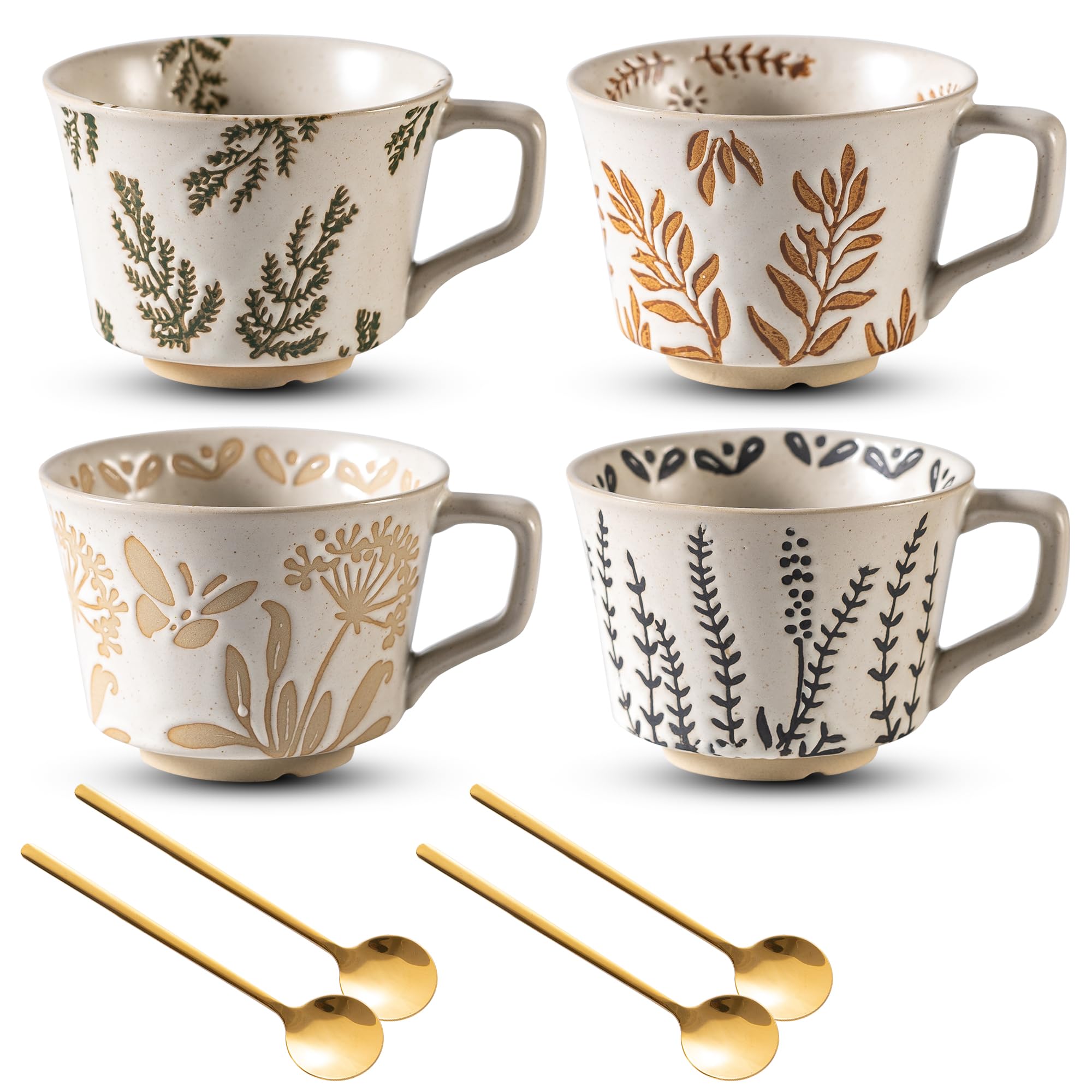 Noevany Ceramic Mugs 11 oz Unique Luxurious Cups Set of 4 with Premium Spoon, Mug for Coffee Milk Latte Cappuccino Tea, for Office and Home Dishwasher Microwave Freezer Safe Stoneware Mixed