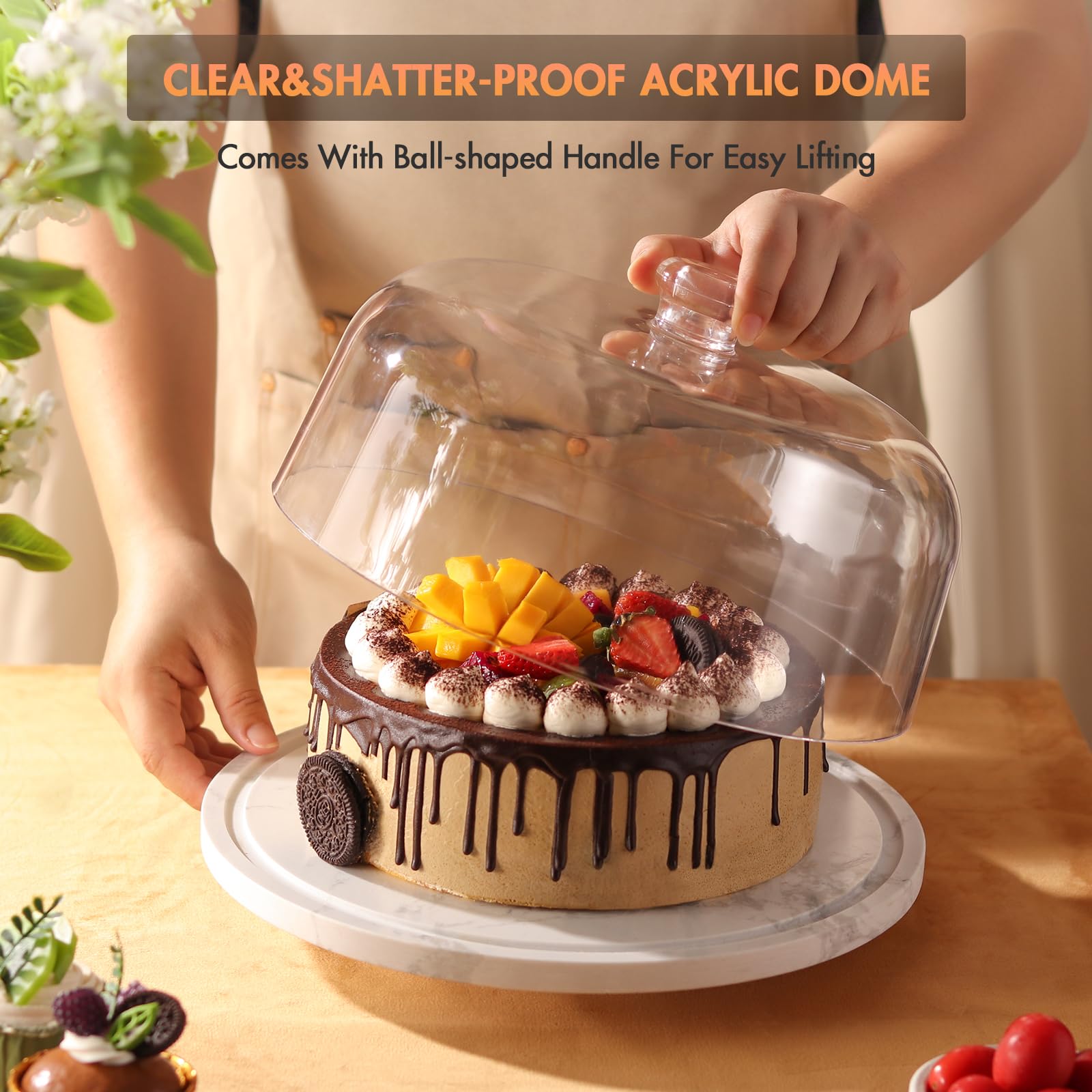 CherHome Marble Cake Stand，Rotating Cake Stand With Dome，Marble Cake Stand with Acrylic Lid Cover，Turnable Cake Display Stand Revolving Cake Plate Cake Holder Spinning Cake Platter with Cover