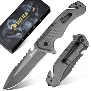 nedfoss t39 pocket knife for men, 3.7" d2 steel blade, frame lock, 6 in 1 folding tactical knife with bottle opener, glass breaker, seatbelt cutter and wrench, belt clip for work, rescue