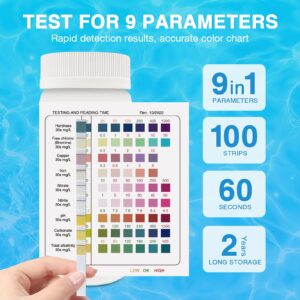 Pool and Spa Test Strips 9 in 1 Pool Test Kit, 100 Spa Test Strips Make Sure You Have hot tub Test Strips and Pool Water Test Strips for Iron, Copper, Nitrite, Nitrate, (9-in-1 Pool Test Kit)