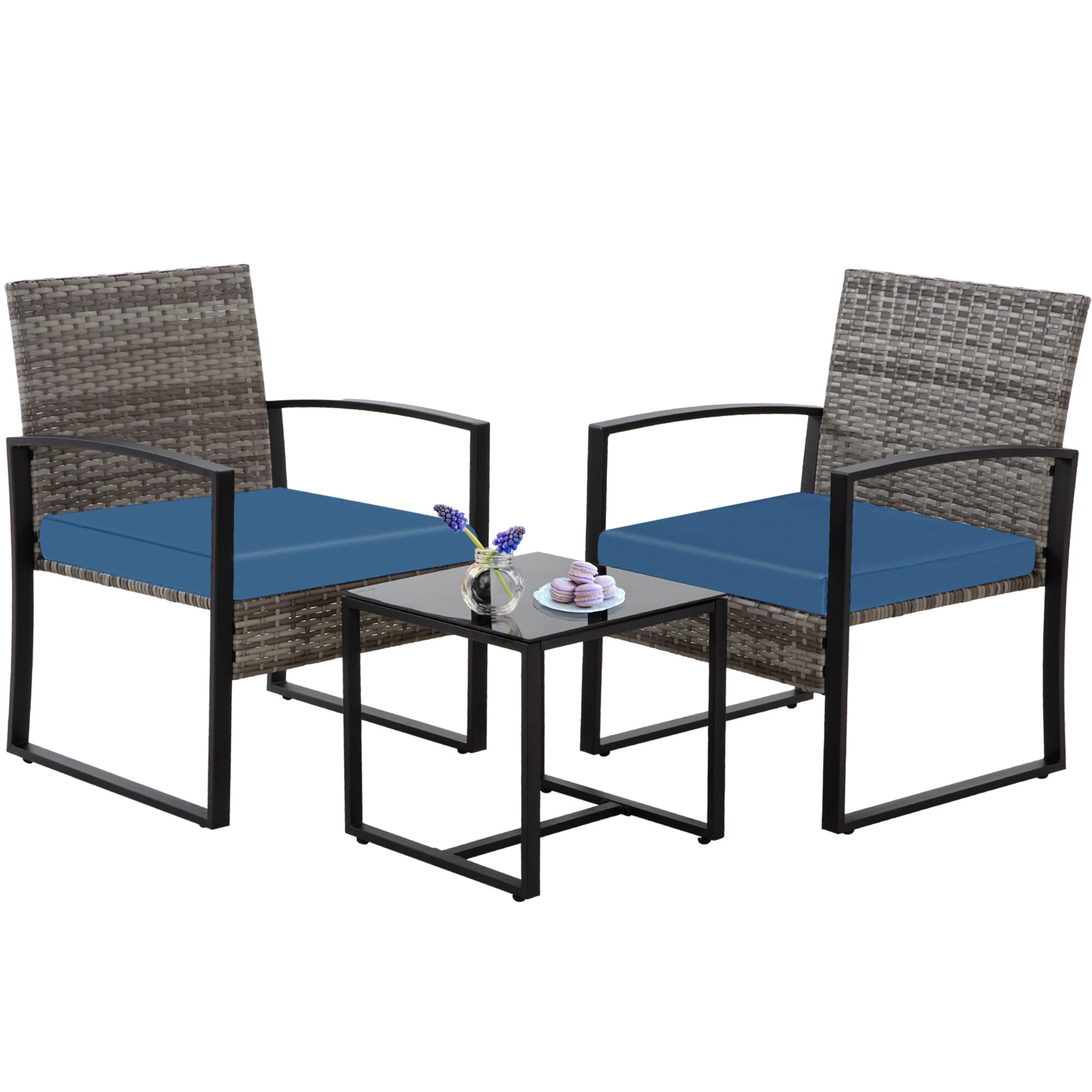 3 Piece Outdoor Patio Bistro Set, Wicker Table and Chairs Set of 2, All-Weather Rattan Balcony Furniture Set for Front Porch Apartment, Grey/Blue