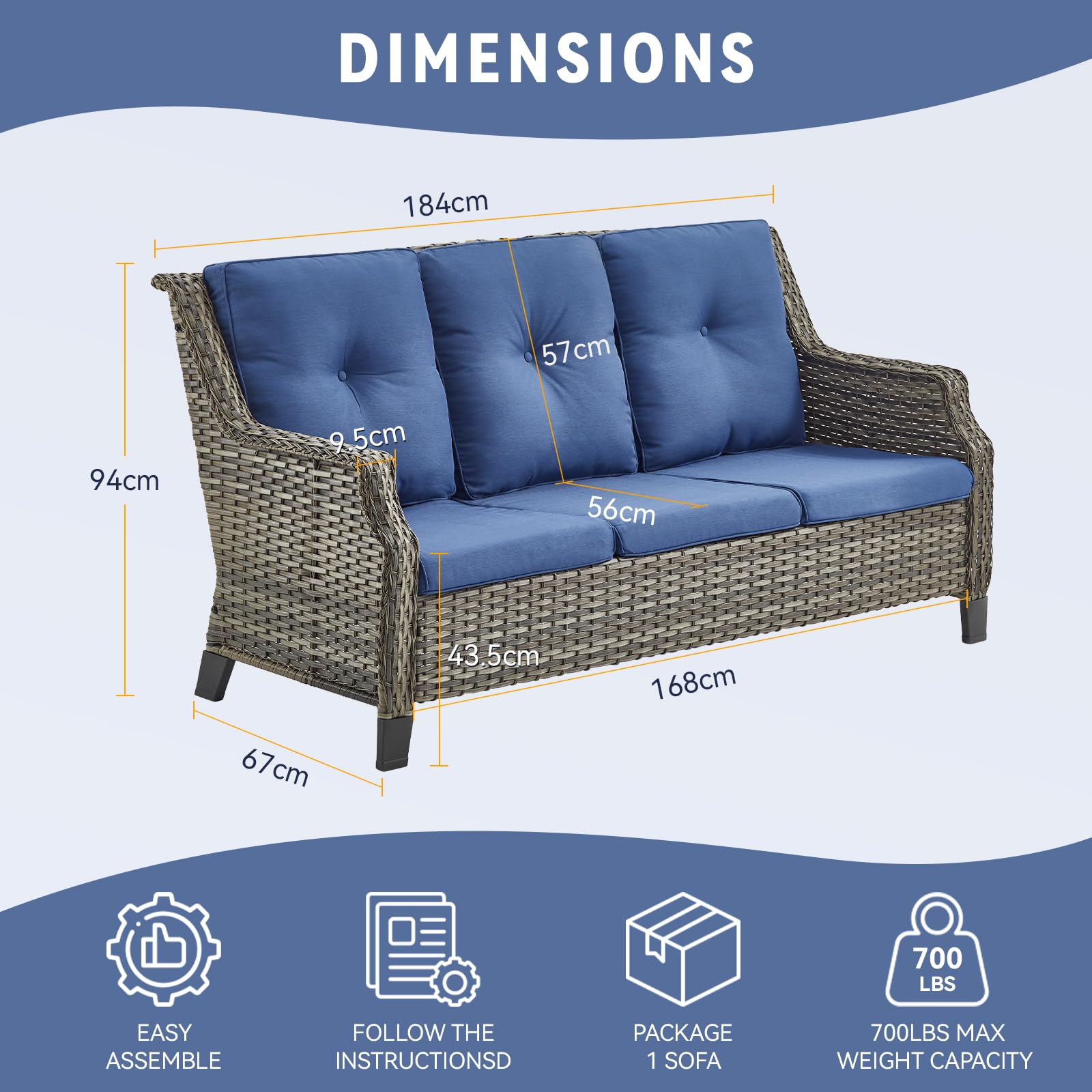 Bellefurn Patio Sofa Couch Outdoor Wicker Sofa PE Rattan 3-Seat Couch with Curved Armest Water Resistant Cushions for Garden Balcony Sunroom Poolside, Grey Wicker|Blue Cushions, Sofa(1PC)