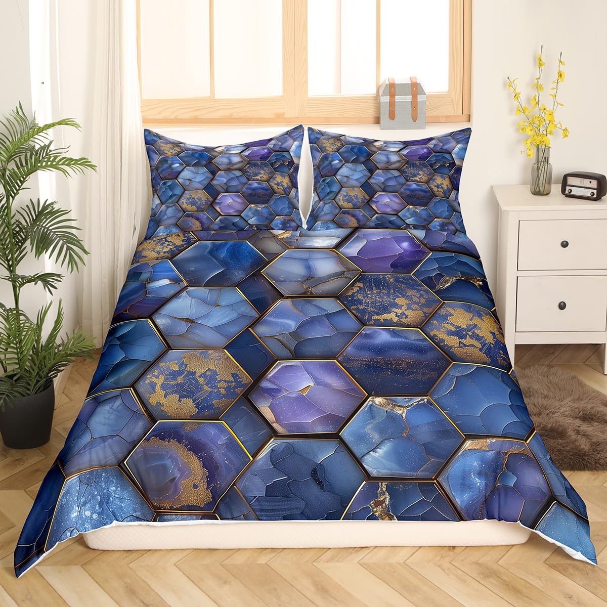 Honeycomb Marble Duvet Cover Set Queen Size,Geometric Hexagon Bedding Set Kids Teens Adults Room Decor,Blue Purple Comforter Cover 3Pcs,Glitter Honeycomb Bedspreads Cover,2 Pillowcases(NO Comforter)