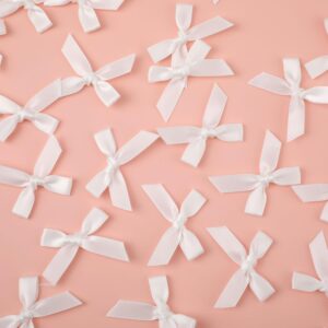 100pcs Ribbon Bows, 1.57x0.4in Mini Bows for Crafts Cute Small Ribbon Tiny Bows for Sewing Gift Wrapping Wedding Party Favors Treat Bags Gift Box Decoration (White)