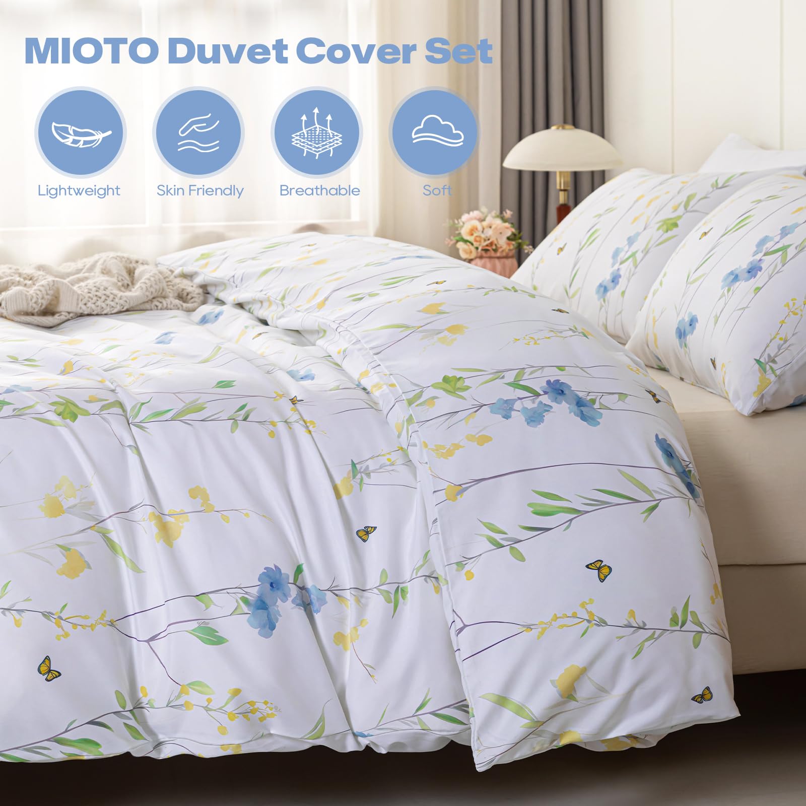 MIOTO California King White Duvet Cover, 3 Pieces Elegant Floral Duvet Cover Set with Zipper Closure, Soft & Breathable Bedding Set, 1 Duvet Cover with 8 Ties (104x98) and 2 Pillowcases (20x36)