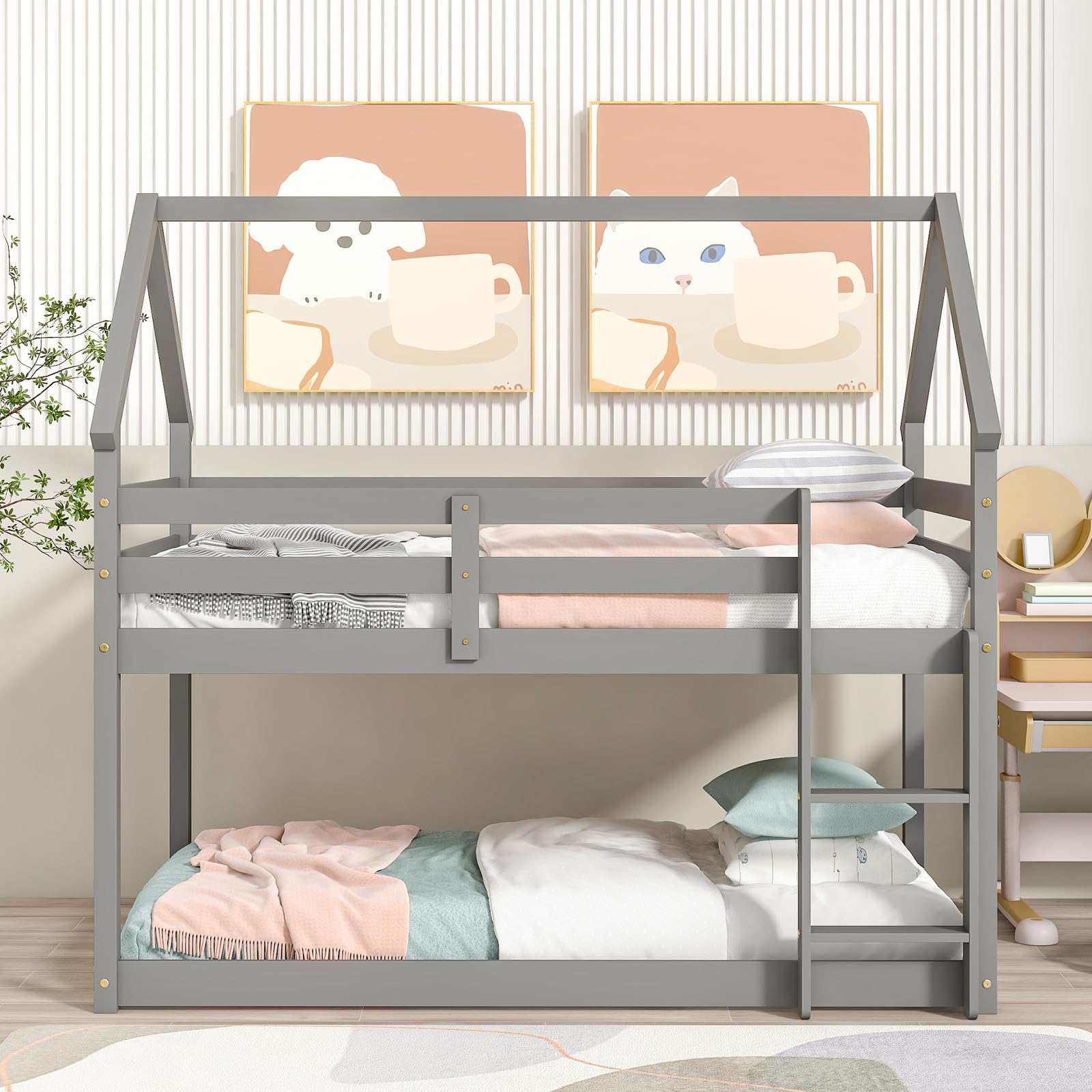 AnwickNomo Twin Over Twin Low Loft Bed, Wood Bunk Bed with House Shape and Full-Length Guardrail, Kids Bed for Boys Girls and Teens, Space-Saving, Solid Wood Frame, No Box Spring Needed (Grey)