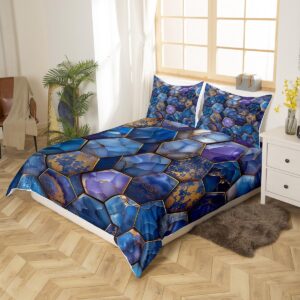 Honeycomb Marble Duvet Cover Set Queen Size,Geometric Hexagon Bedding Set Kids Teens Adults Room Decor,Blue Purple Comforter Cover 3Pcs,Glitter Honeycomb Bedspreads Cover,2 Pillowcases(NO Comforter)