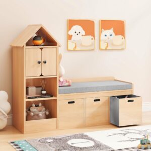 kids bookcase and bookshelf with reading nook, toy storage organizer for kids, oak castle wooden bookcase with 3 open storage cubbies 3 drawers and seat cushion for children's room, playroom, oak