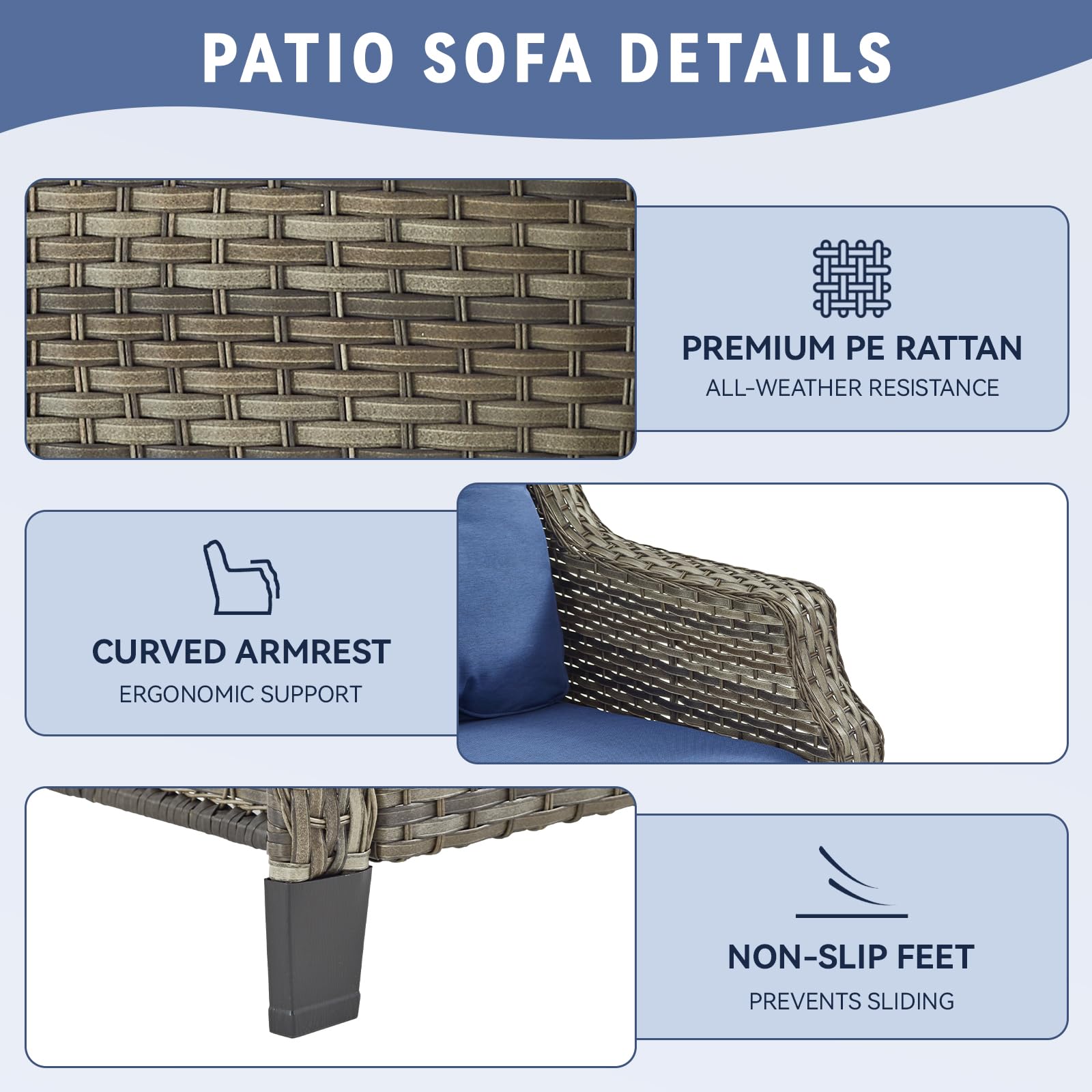 Bellefurn Patio Sofa Couch Outdoor Wicker Sofa PE Rattan 3-Seat Couch with Curved Armest Water Resistant Cushions for Garden Balcony Sunroom Poolside, Grey Wicker|Blue Cushions, Sofa(1PC)