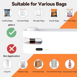 Mini Bag Sealer, 2 in 1 Bag Sealer and Cutter, USB Rechargeable Chip Bags Sealer Heat Seal with Cutter, 2 Adjustable Gear, Lanyard & Magnetic Bag Resealer for Plastic Snack Bags(White)