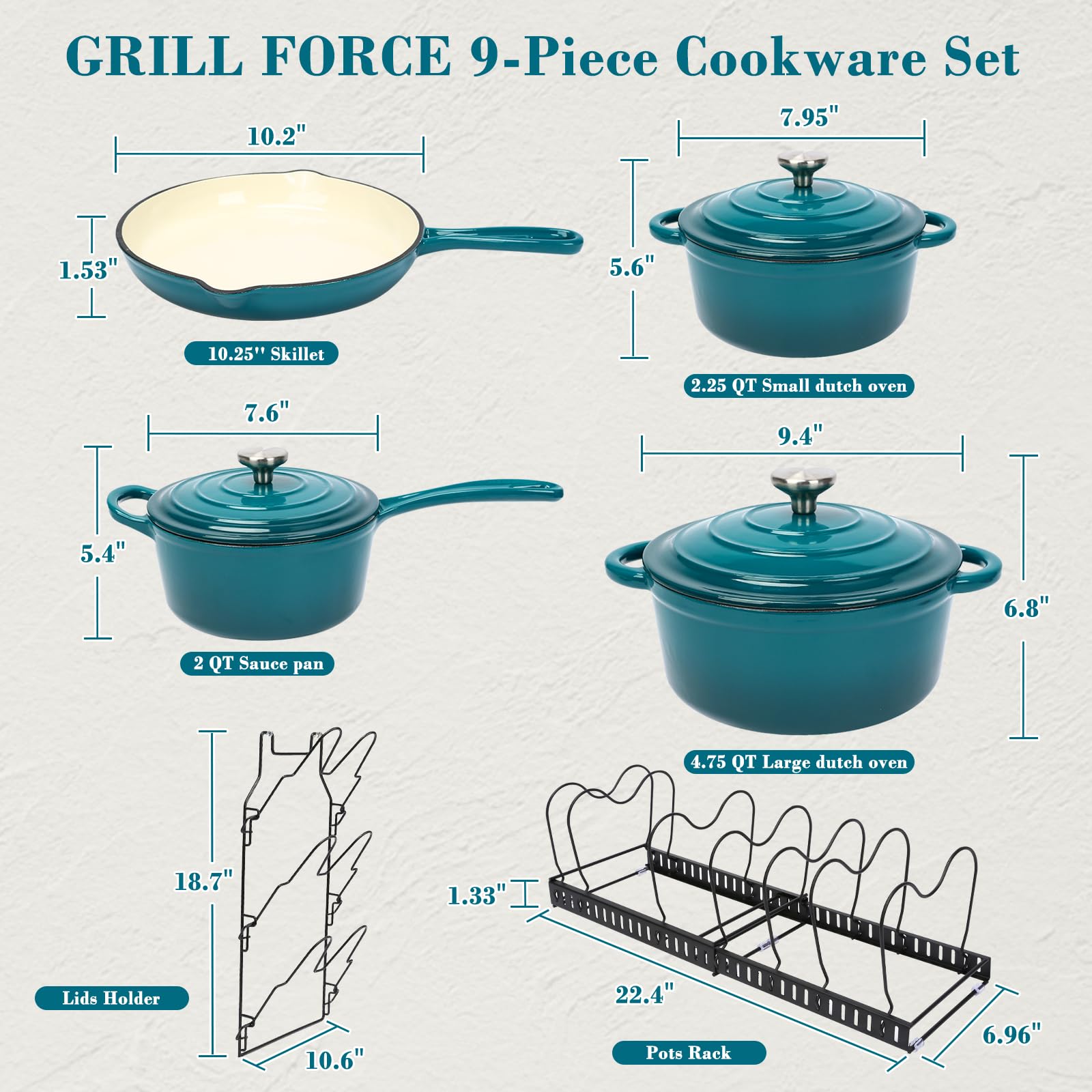 GRILL FORCE Enameled Cast Iron Cookware Set, 9-Piece Pots and Pans Set Non Stick, Pots and Pans Rack Organizer, 10.25” Skillet, 2QT Saucepan, 2.25QT/4.75QT Dutch Oven, Compatible with All Stovetops