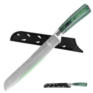 fullhi bread knives, multi-color 8-inch japanese knife with sheath 2pcs, cake knife stainless steel kitchen knife with guard (green wood)