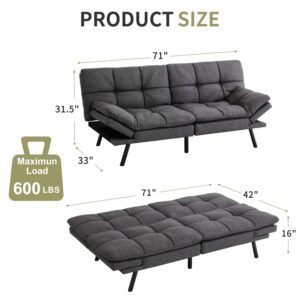 MUUEGM Futon Sofa Bed,Convertible 71" Couch Sofa, Modern Grey Sleeper Sofa with Adjustable Backrest for living room,Memory Foam Sofa Futon Couch Bed,Dark Grey