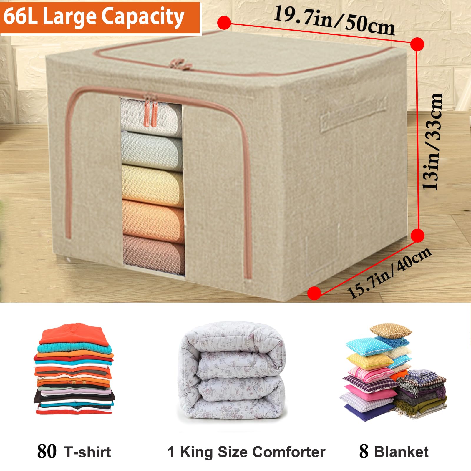 Large Storage Bags,Stackable Clothes Storage Bins with Hold Shape Metal Frame,Foldable Closet Organizer Containers with Zipper,Clear Window,Thick Fabric for Seasonal Clothing,Bedding (4 Pack, 66L)