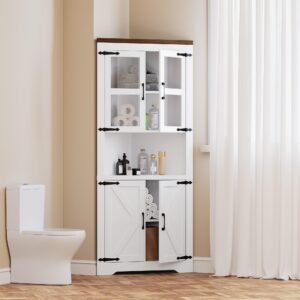 GarveeHome Farmhouse Corner Cabinet, Tall Corner Cabinet with Barn Door & Adjustable Shelves, Corner Storage Cabinet for Living Room, Kitchen, Bathroom, White