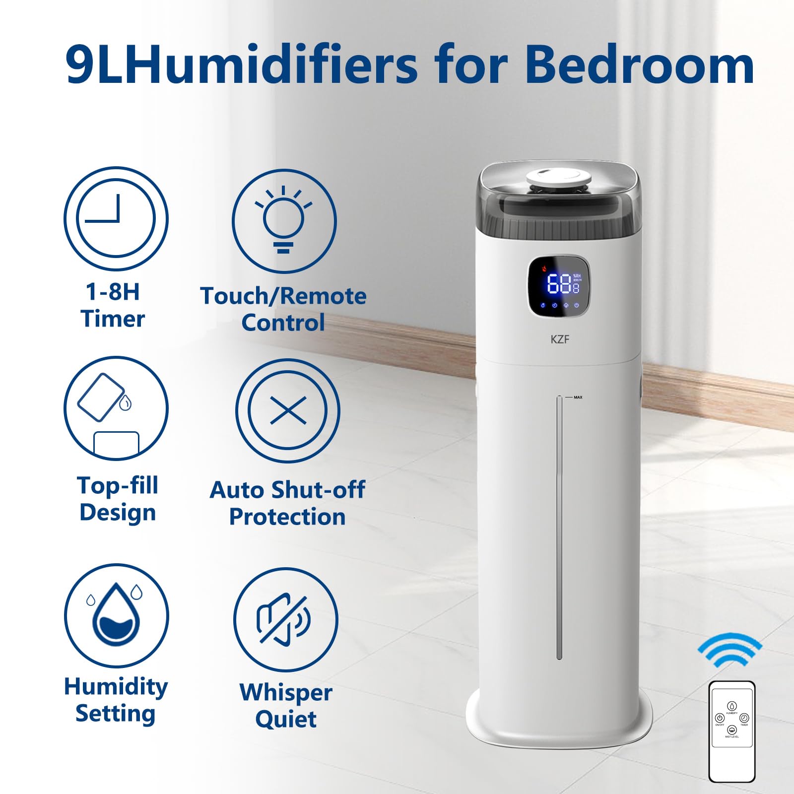 KZF Humidifier for Large Bedroom, 9L/2.5Gal Ultrasonic Cool Mist Humidifier, Easy Clean Humidifier with 350ML/H Large Mist Speed, Quiet Tower Humidifier, Suitable for Kids Room Plant Yoga (White)