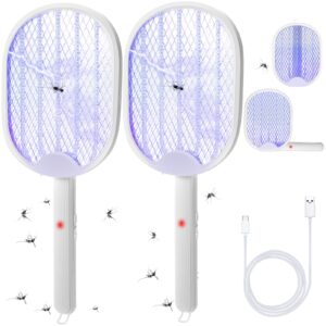 qualirey 2 pack 3 in 1 electric fly swatter foldable 3000v handheld mosquito zapper with usb rechargeable base bug zapper racket fly killer and mosquito trap lamp hanging standing for indoor outdoor