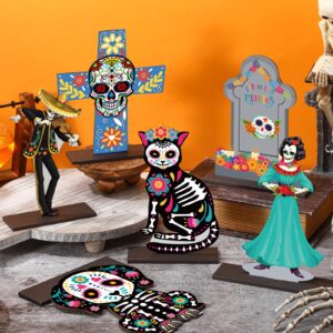 Amyhill 6 Pcs Day of The Dead Wooden Table Centerpiece Dia De Los Muertos Mexican Table Decorations Halloween Table Topper for Halloween Mexican Carnival Party Decoration Supplies