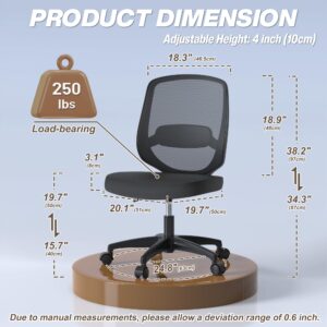 KIZECK Armless Mesh Swivel Office Computer Desk Chair No Arms Height Adjustable Lumbar Support for Home Small Spaces