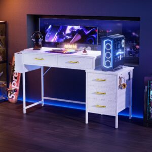 YILQQPER Computer Desk with Charging Station, Home Office Desks with Printer Stand, PC Desk with 5 Fabric Drawers, White Desk with Storage, Vanity Desk for Small Space, White