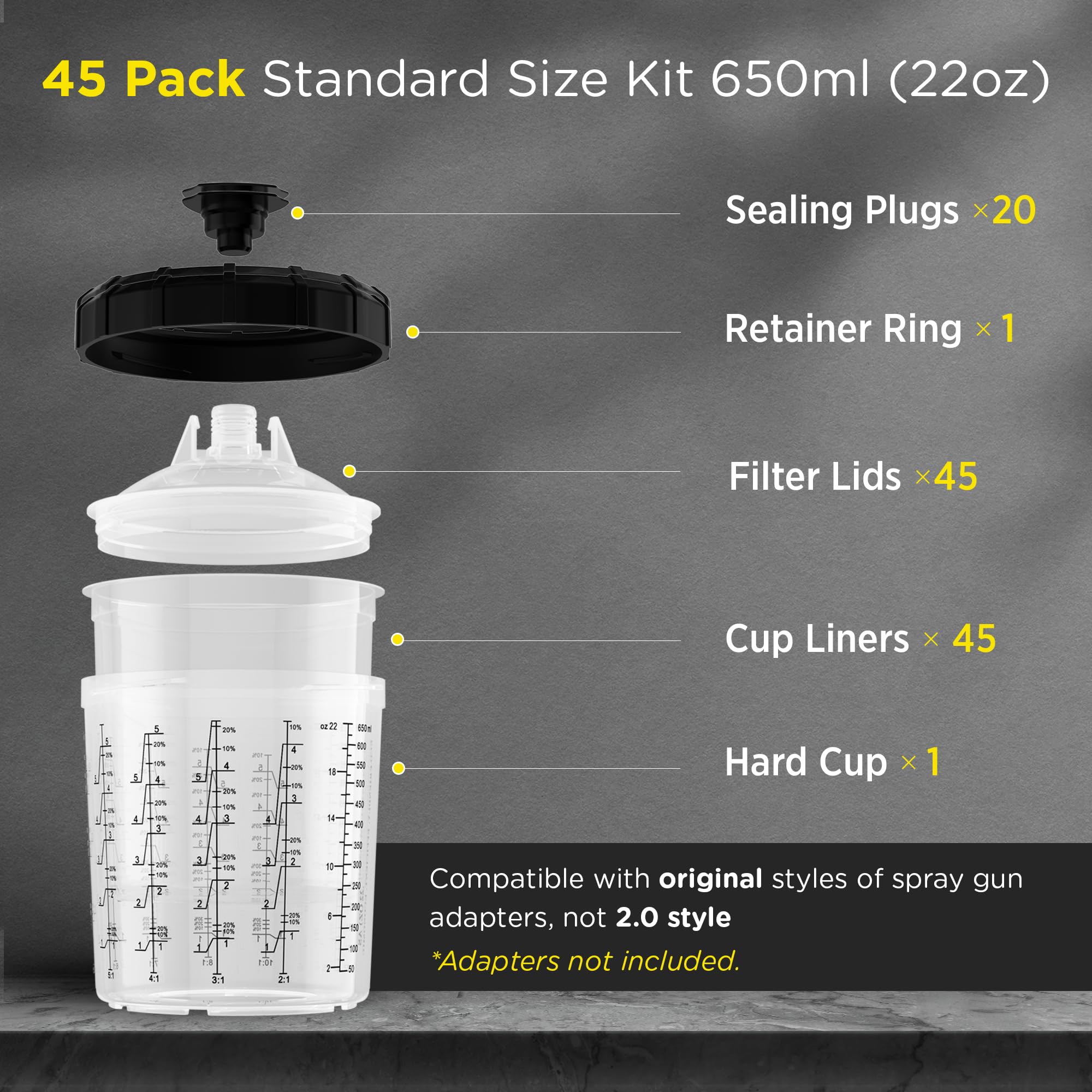 InoKraft Disposable Paint Sprayer Gun Cup, Paint System for HVLP and LVLP Paint Spray Paint Gun, Standard 22 Ounce (650ml) Kit with 45 Cups and Lids System, 1 Hard Cup with Retainer Ring and 20 Plugs