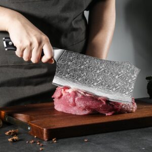 MOSFiATA Damascus 7” Cleaver Knife，Ultra Sharp Vegetable and Meat Butcher Knife with Finger Guard for Home Kitchen and Restaurant